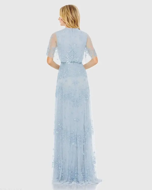 Mac Duggal Sequin Embellished High Neck A-Line Gown - Blue | Editorialist