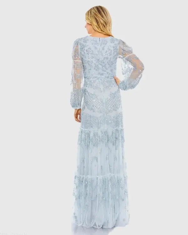 Mac Duggal Sequin-embellished Tiered Puff Sleeve Gown