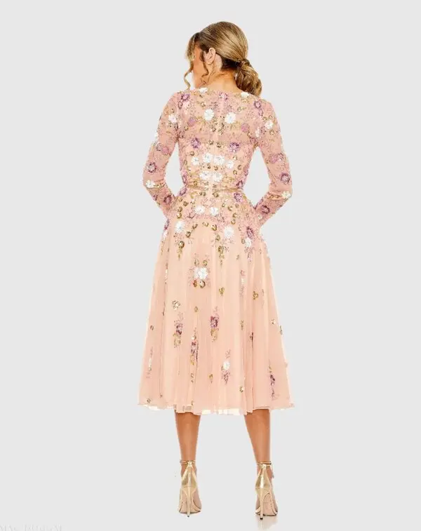 Mac Duggal Floral Sequined High Neck Midi Dress - Pink | Editorialist