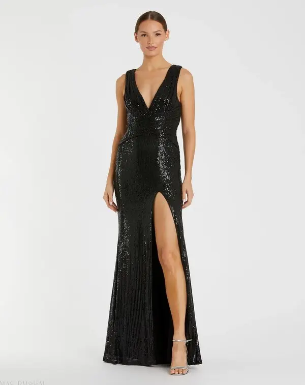 Mac Duggal Sequin V-neck Wrap Waist Gown - Black
