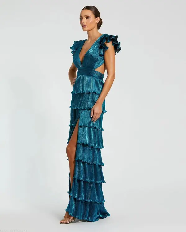 Mac Duggal Ruffle Tiered Lace Up Gown - Blue