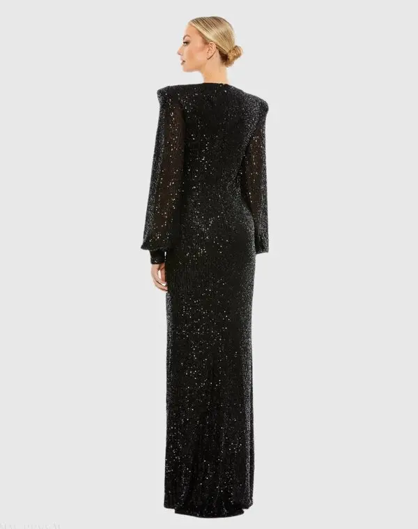 Mac Duggal Sequin Gown With Plunge Neck And Bishop Sleeves - Black