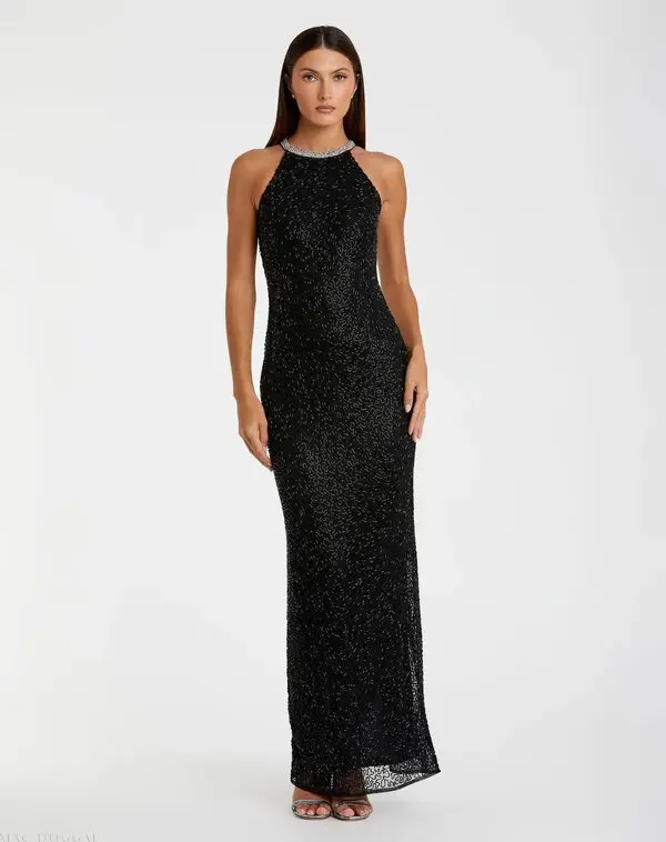 Mac Duggal Beaded High Neck Column Gown