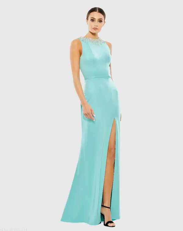 Mac Duggal Sleeveless Rhinestone Collar Column Gown