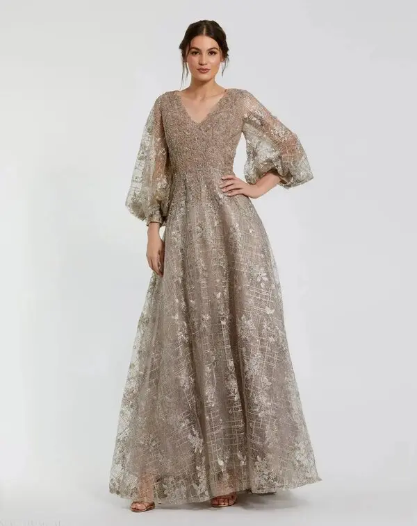 Mac Duggal Embellished Plunge Neck Puff Sleeve A-line Gown