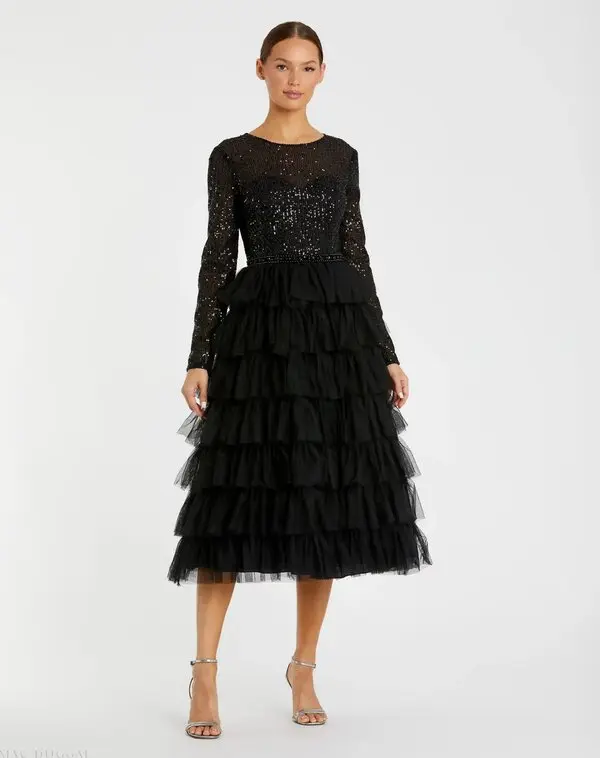 Mac Duggal Long Sleeve Sequin Bodice Tiered Midi Dress