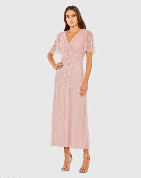 Mac Duggal Beaded Wrap Over Dress With Butterfly Sleeves