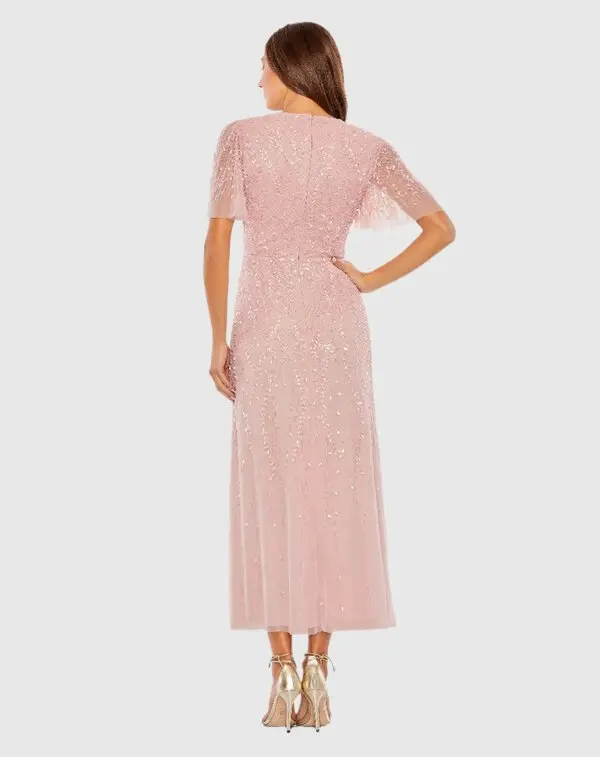 Mac Duggal Beaded Wrap Over Dress With Butterfly Sleeves