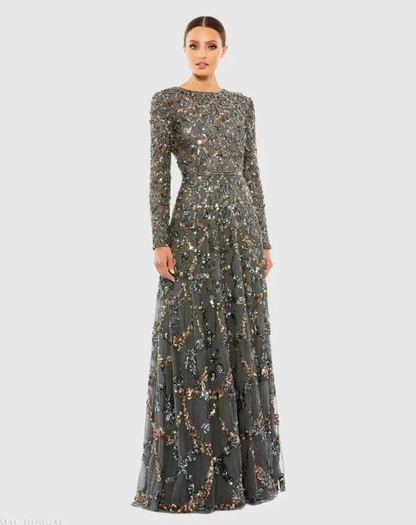 Mac Duggal Embellished High Neck Long Sleeve Gown - Gray