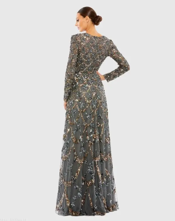 Mac Duggal Embellished High Neck Long Sleeve Gown - Gray