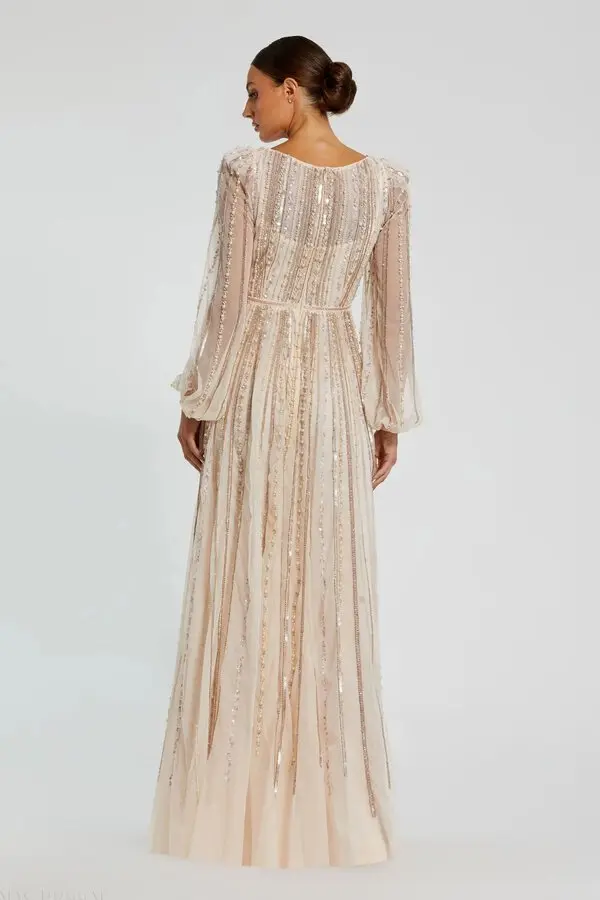 Mac Duggal Boat Neck Long Sleeve Beaded Gown - Pink