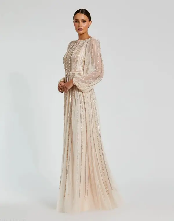 Mac Duggal Boat Neck Long Sleeve Beaded Gown - Pink
