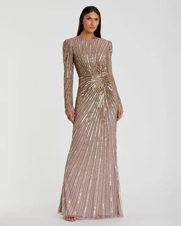 Mac Duggal Embellished Puff Sleeve Side Knot Gown - Brown