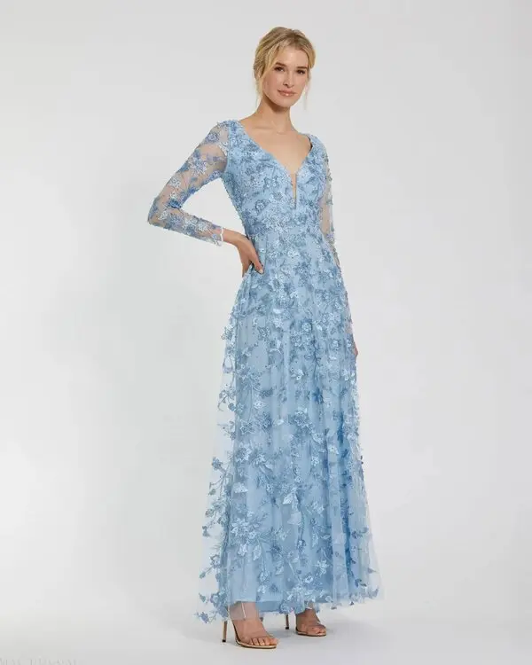 Mac Duggal Floral Applique Long Sleeve Illusion Gown