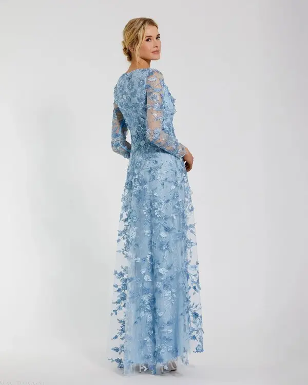 Mac Duggal Floral Applique Long Sleeve Illusion Gown