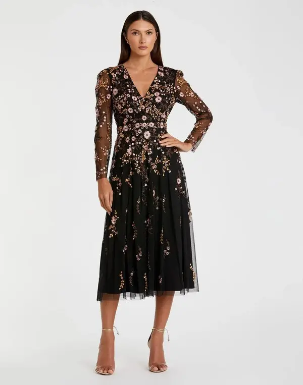Mac Duggal Floral Embroidered A-Line Cocktail Dress - Black