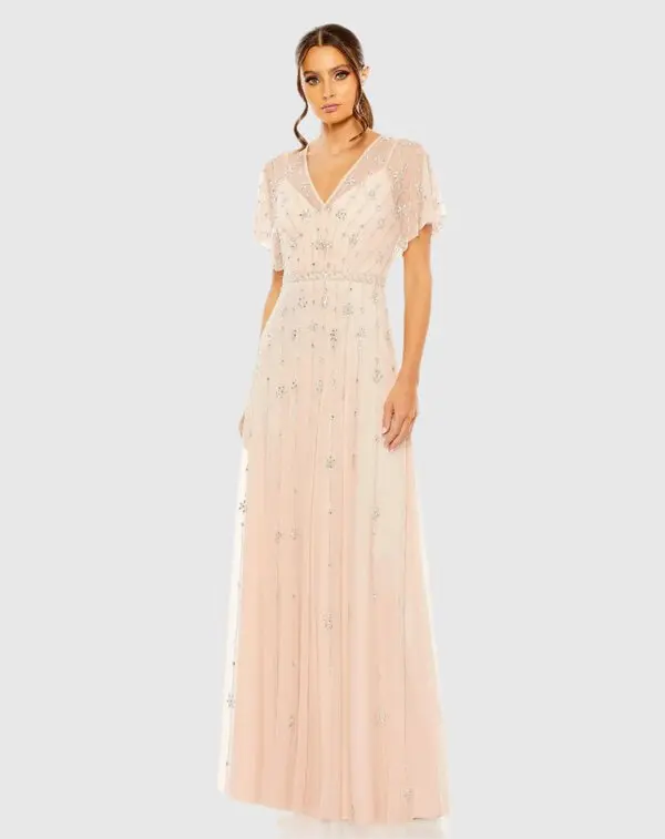 Mac Duggal V-Neck Embellished A-Line Gown - Pink | Editorialist