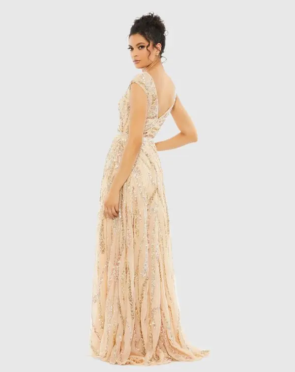 mac duggal beaded tulle dress Beige Beaded Mesh V Neck Gown With Tiered Ruffles