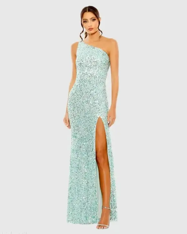 Mac Duggal Sequined One Shoulder Gown With Slit - Blue