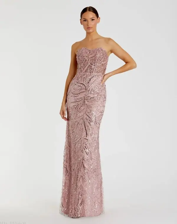 Mac Duggal Beaded Sequin Strapless Trumpet Gown