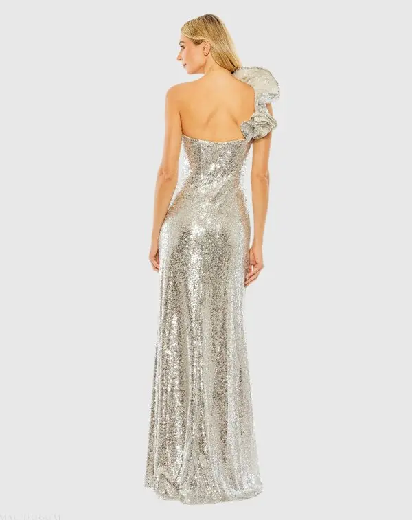 Mac Duggal Sequin Ruffled One Shoulder Gown - Silver