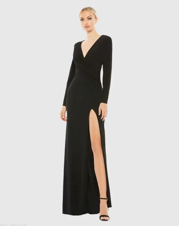 Mac Duggal Jersey Long Sleeve Asymmetrical Ruched Gown - Black