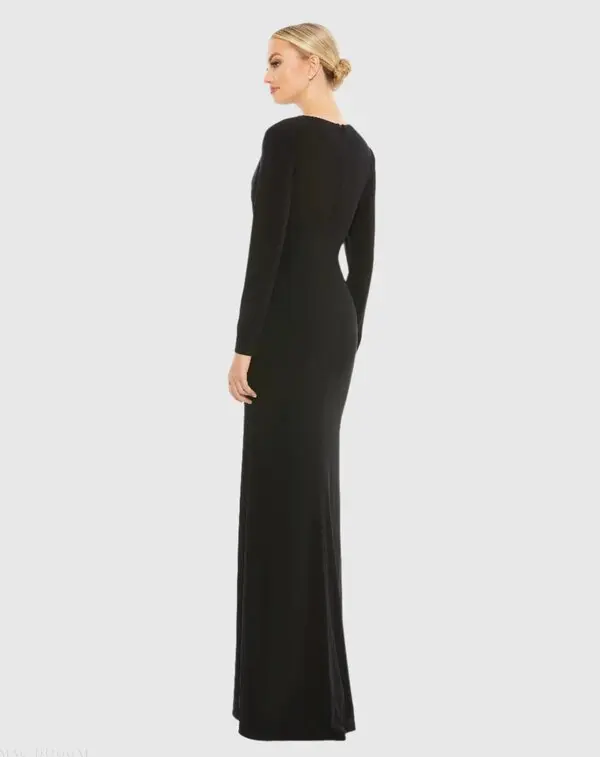 Mac Duggal Jersey Long Sleeve Asymmetrical Ruched Gown - Black
