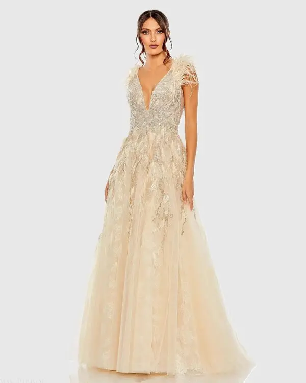 Mac Duggal Embellished Feathered A-line Gown