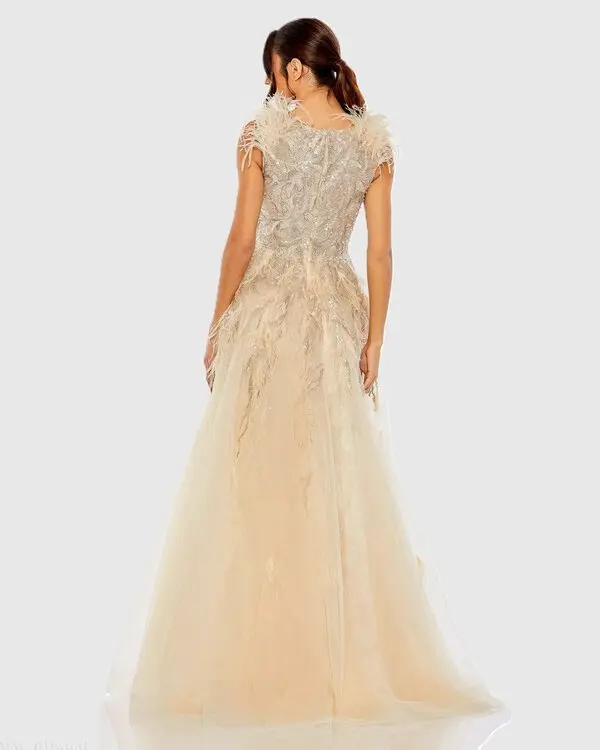Mac Duggal Embellished Feathered A-line Gown