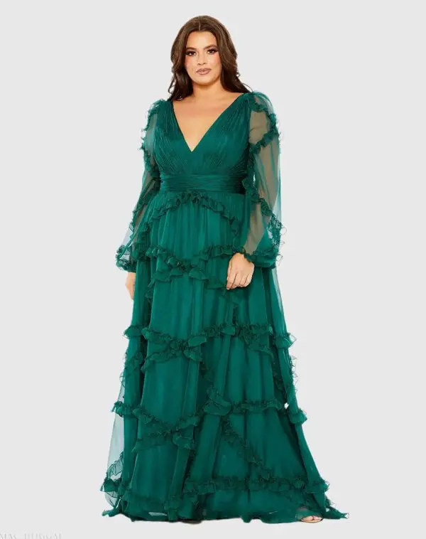 Mac Duggal V-neck Ruffle Tiered Puff Sleeve Gown - Green