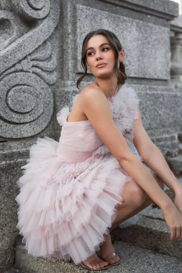 Mac Duggal Tulle Ruffle One Shoulder Mini Dress - Pink | Editorialist
