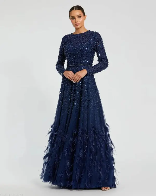 Mac Duggal Disc And Sequin Embellished Gown With Feathers - Navy