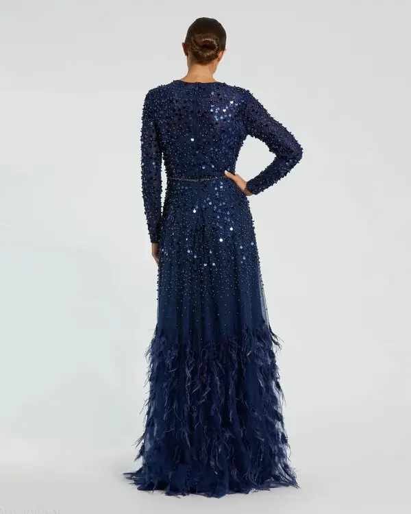 Mac Duggal Disc And Sequin Embellished Gown With Feathers - Navy