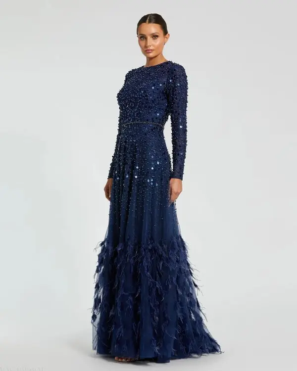 Mac Duggal Disc And Sequin Embellished Gown With Feathers - Navy