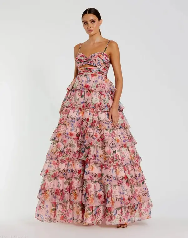 Mac Duggal Cut Out Ruffle Tiered Gown - Pink