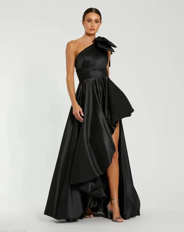 Mac Duggal One Shoulder Bow Gown With High-low Hem - Black