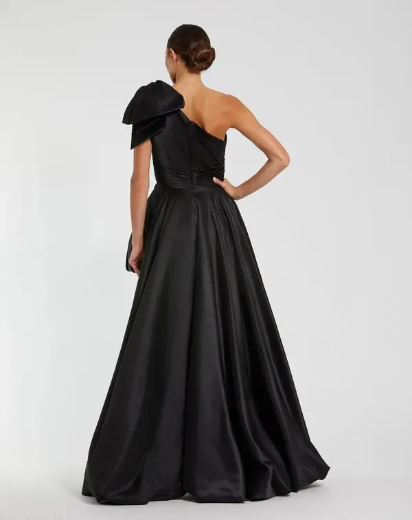 Mac Duggal One Shoulder Bow Gown With High-low Hem - Black