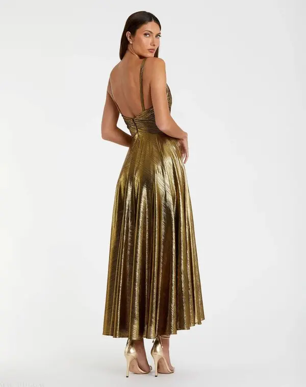 mac duggal gold metallic dress Gold Metallic Pleated One Shoulder Gown main image 1