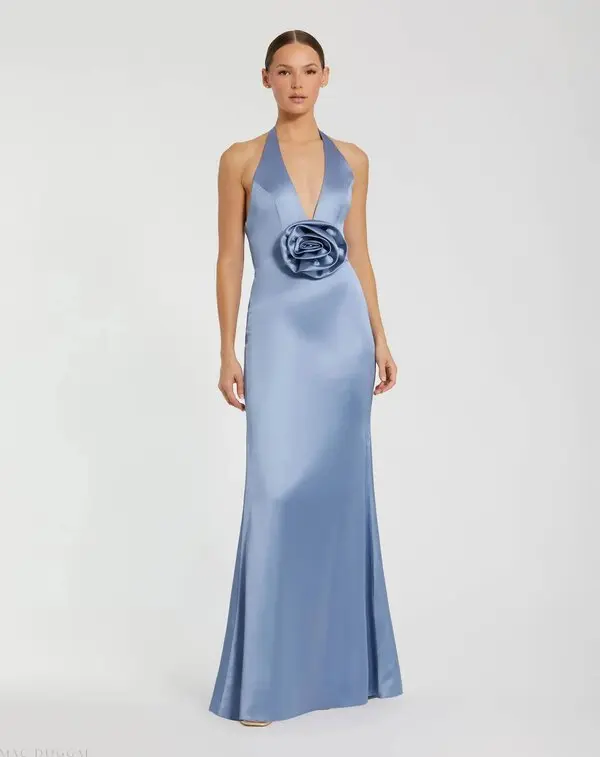 Mac Duggal Satin Halter Neck Gown With Rosette - Blue