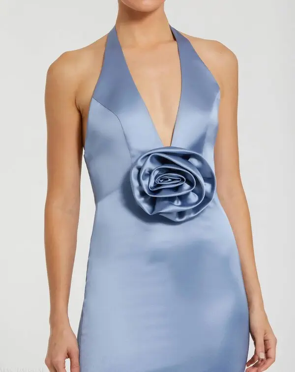 Mac Duggal Satin Halter Neck Gown With Rosette - Blue