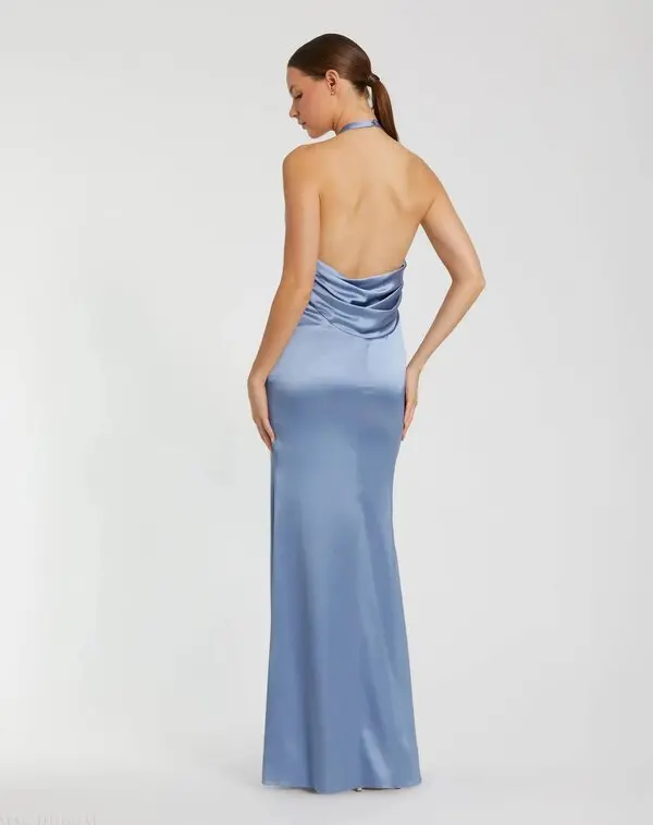 Mac Duggal Satin Halter Neck Gown With Rosette - Blue