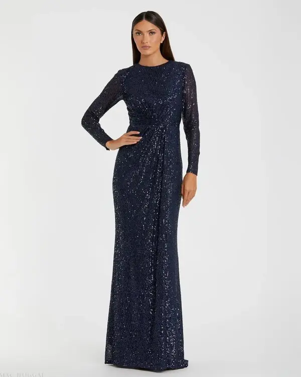 Mac Duggal Sequin-embellished Long Sleeve Gown - Navy