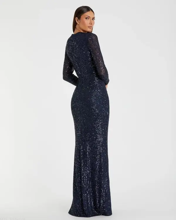 Mac Duggal Sequin-embellished Long Sleeve Gown - Navy
