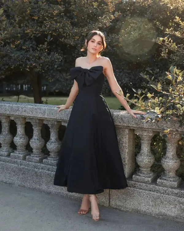 Mac Duggal Strapless A-line Tea Length Bow Dress - Black