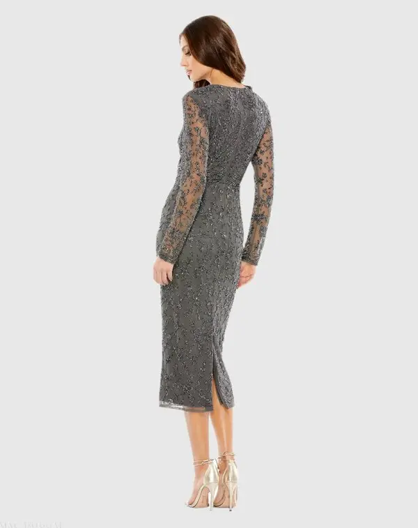 beaded tea length dress Scoop-Neck Off-Shoulder Sleeveless Beaded Tea-Length Satin Mermaid Wedding  Dress main image 1