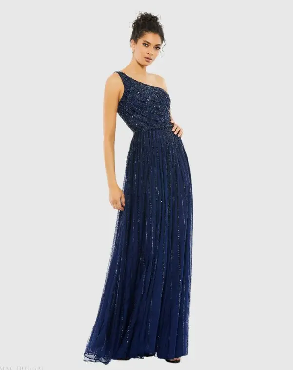 Mac Duggal Embellished One-shoulder A-line Gown - Navy