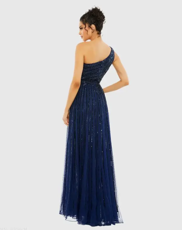 Mac Duggal Embellished One-shoulder A-line Gown - Navy