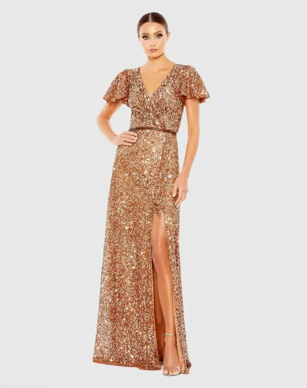 Mac Duggal Sequin Butterfly Sleeve Wrap Gown - Orange | Editorialist