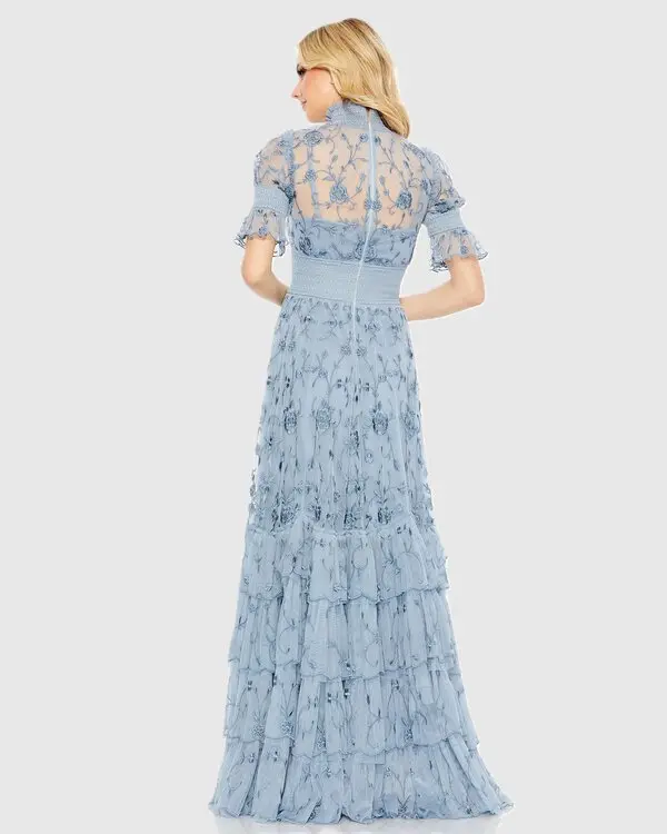 Mac Duggal Floral Embroidered Smock Neck Tiered Ruffle Dress In Blue |  Editorialist