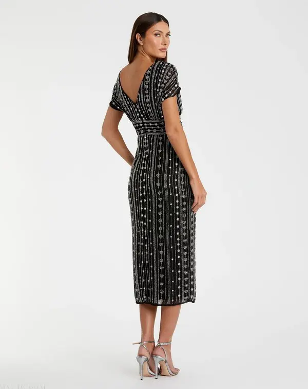 Mac Duggal - Black Beaded Cap Sleeve Empire Waist Sheath Midi Dress - US 6